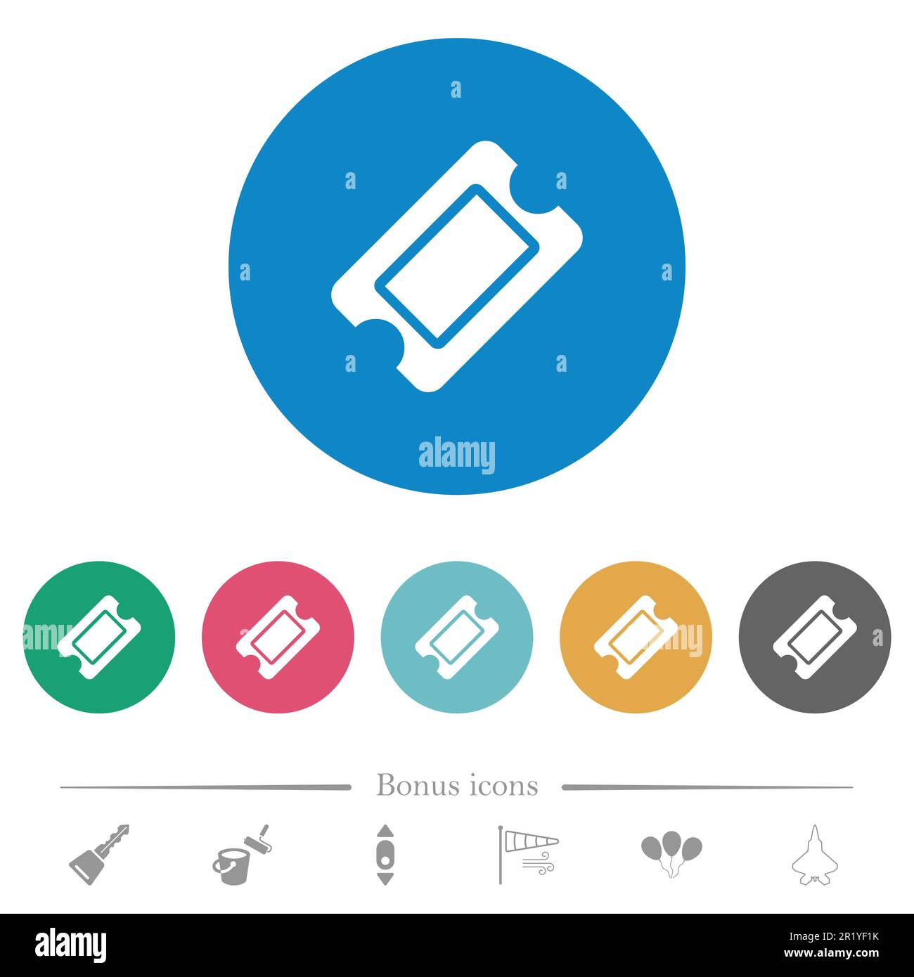 Single ticket flat white icons on round color backgrounds. 6 bonus ...