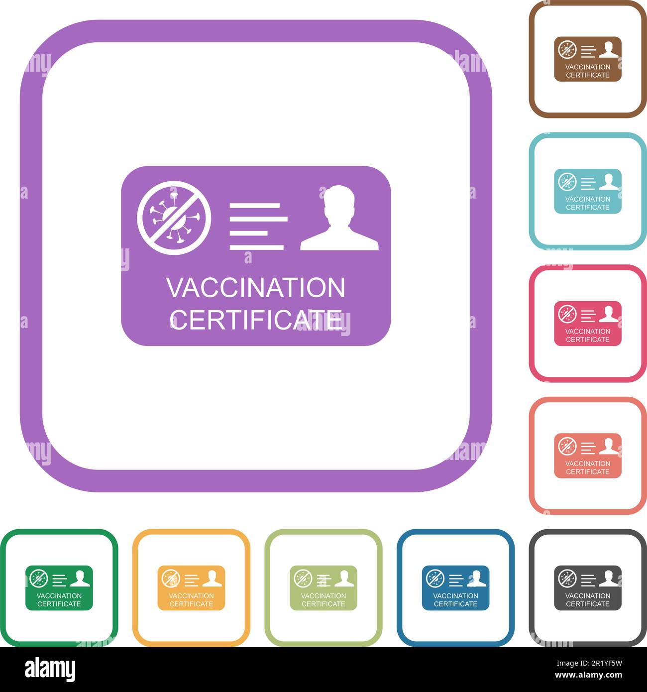 Vaccination certificate simple icons in color rounded square frames on white background Stock ...
