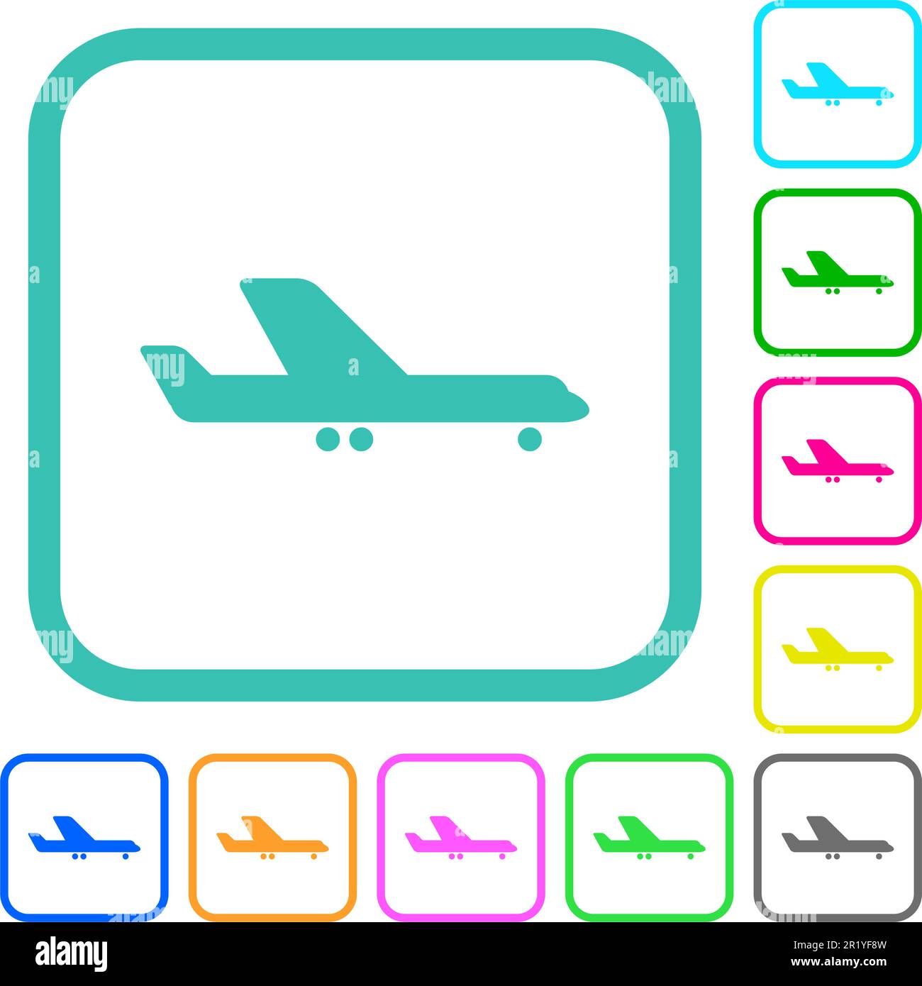Airplane side view vivid colored flat icons in curved borders on white ...