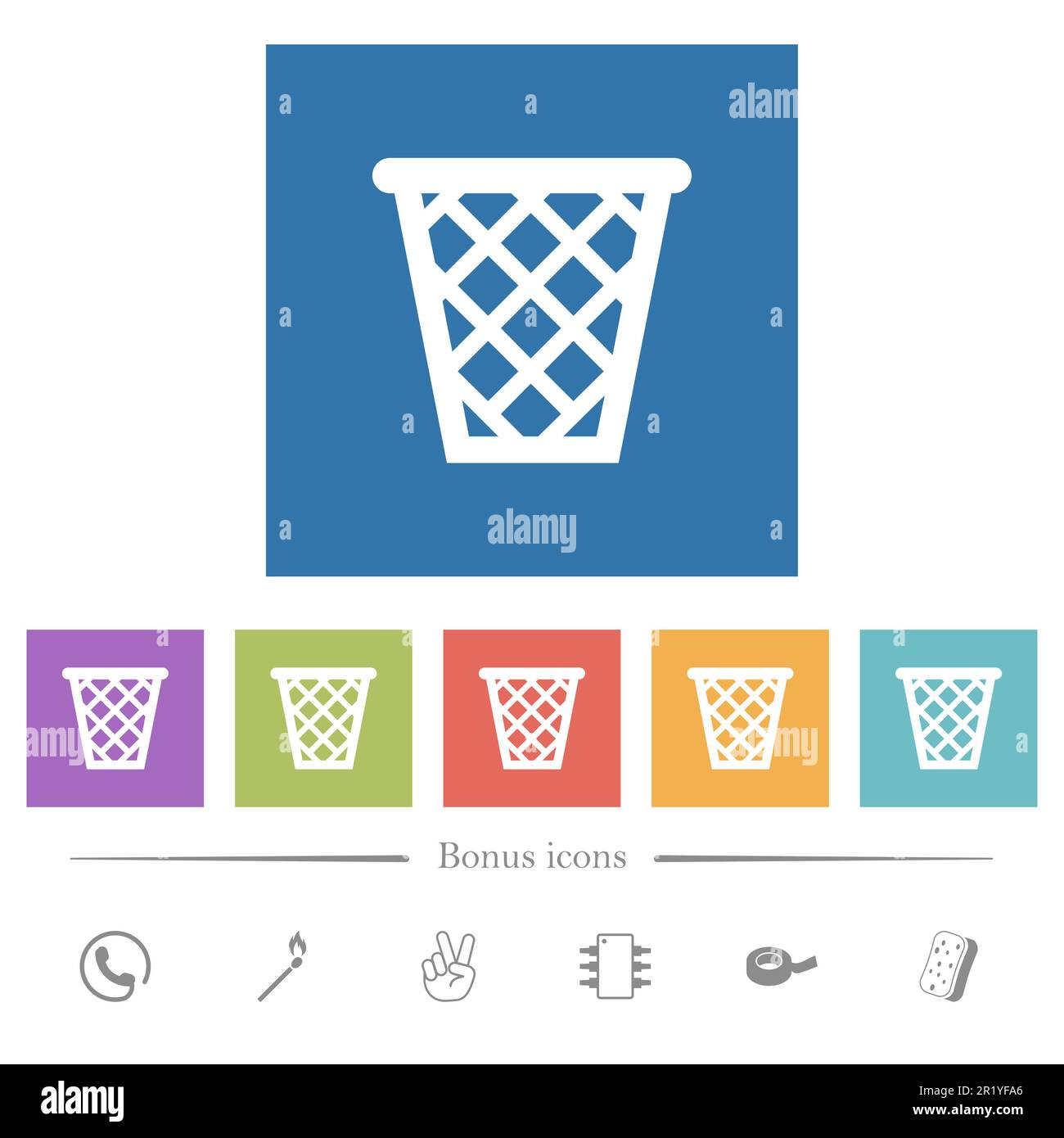 Trash flat white icons in square backgrounds. 6 bonus icons included ...