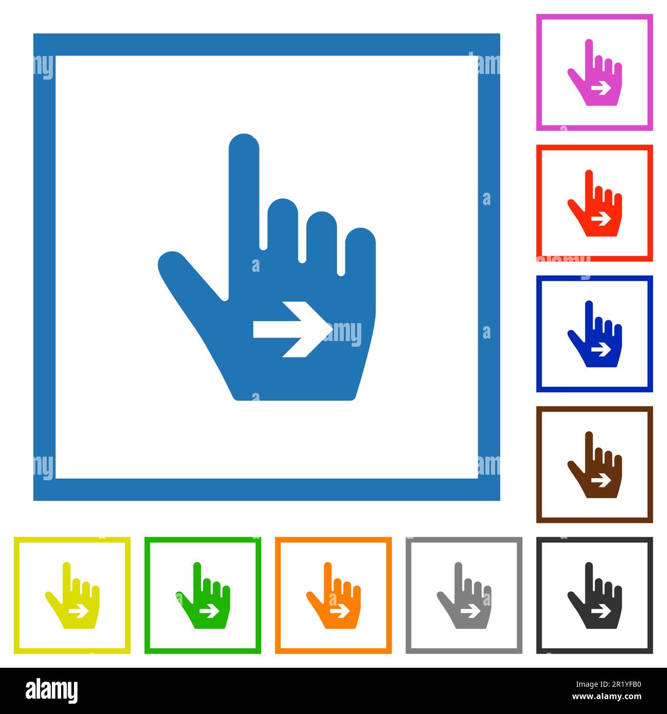 Hand cursor right solid flat color icons in square frames on white ...