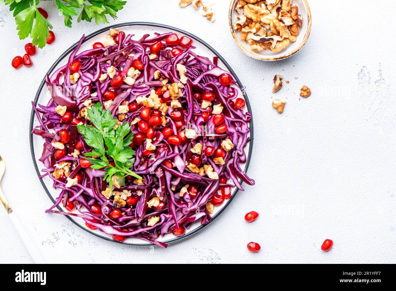 Vegan red cabbage salad with parsley, juicy pomegranate, crunchy ...