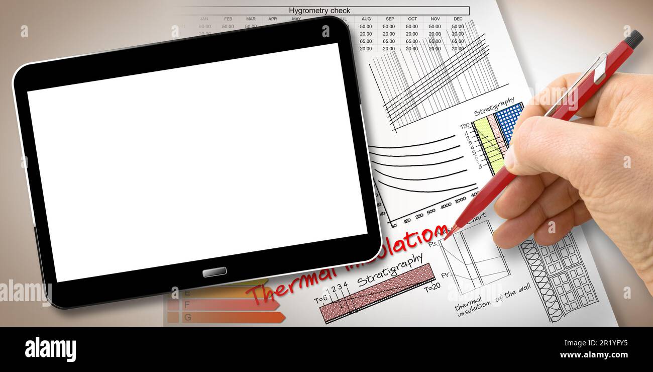 Engineer writing formulas and diagrams about thermal insulation and ...