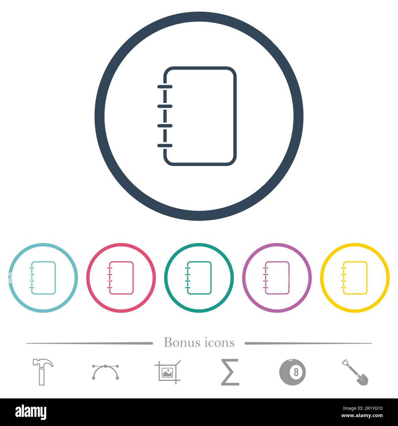 Spiral blank notes outline flat color icons in round outlines. 6 bonus ...