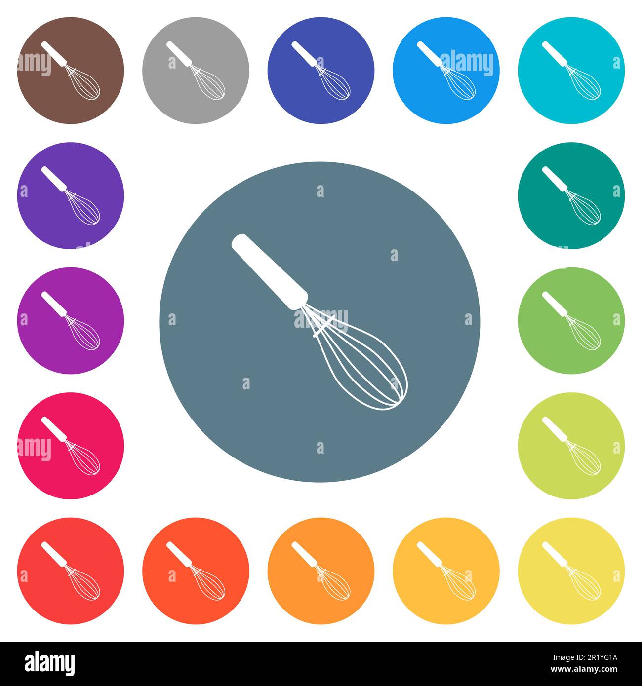 Balloon whisk flat white icons on round color backgrounds. 17 background color variations are ...