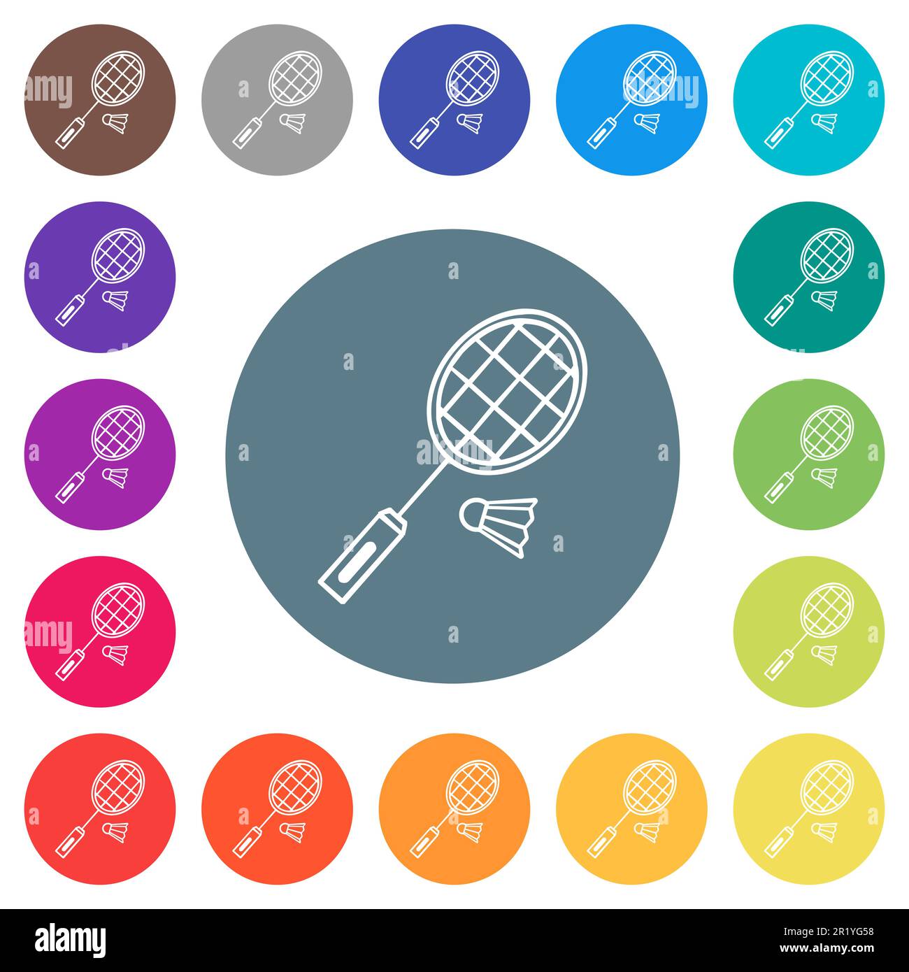 Badminton racket and shuttlecock outline flat white icons on round ...