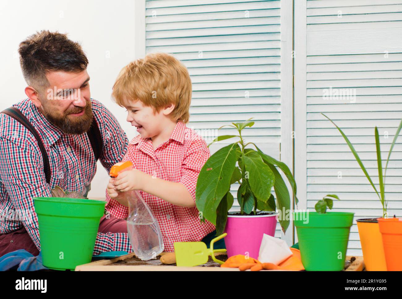 Child son with father growing plant in pot. Family holiday and ...