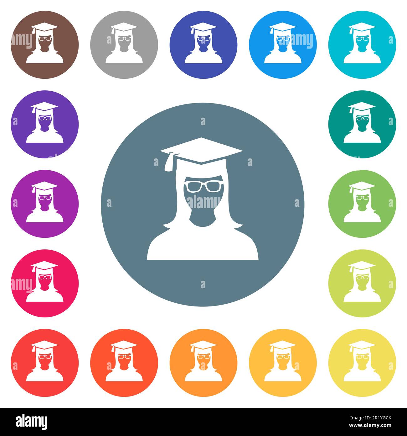 Graduate female avatar flat white icons on round color backgrounds. 17 ...