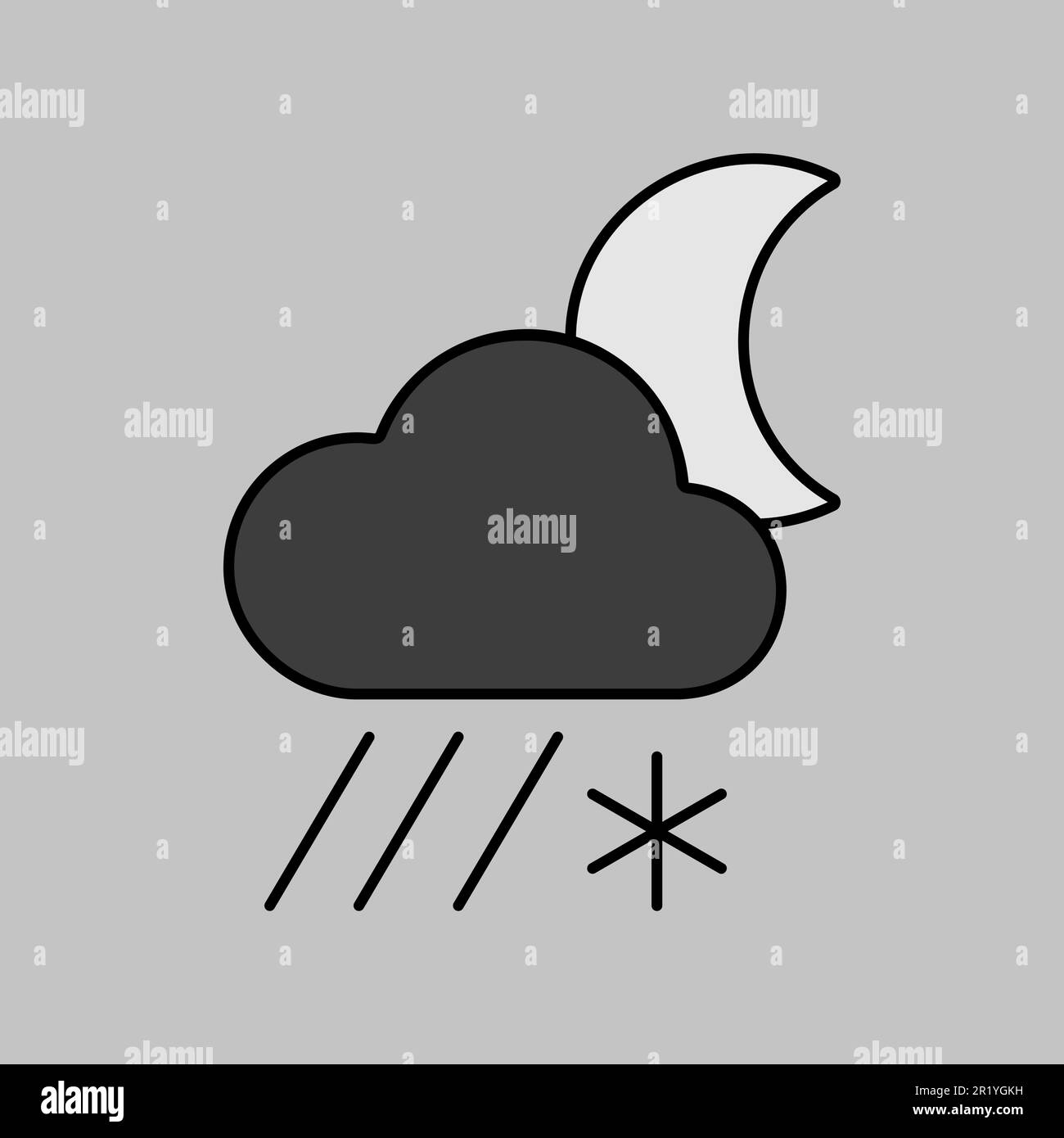Rain cloud with snow moon grayscale icon. Meteorology sign. Graph ...