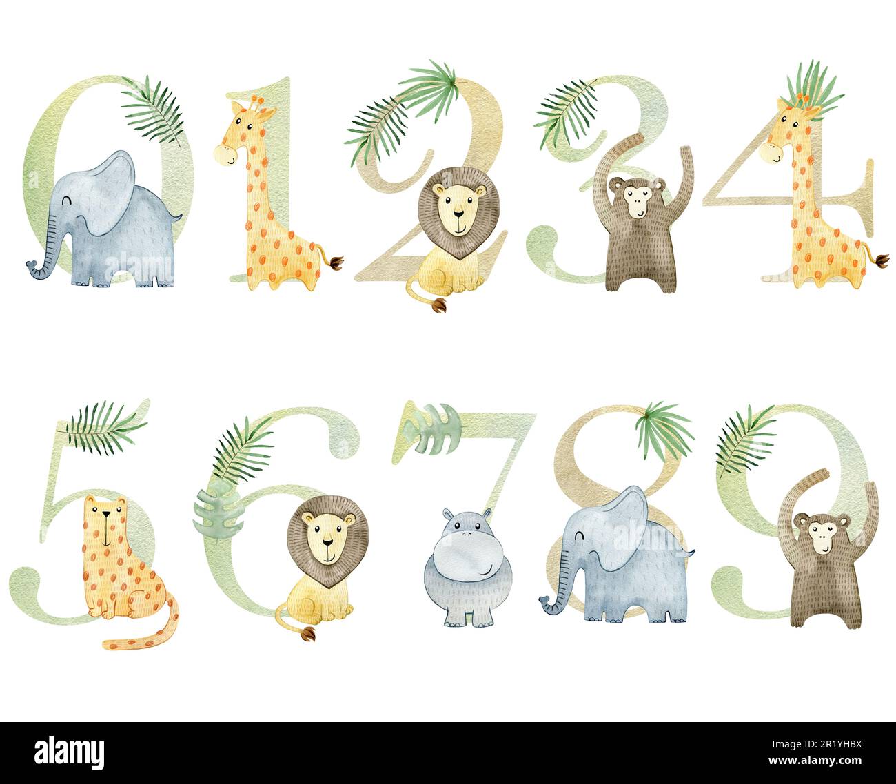 Watercolor animals numbers Stock Photo - Alamy