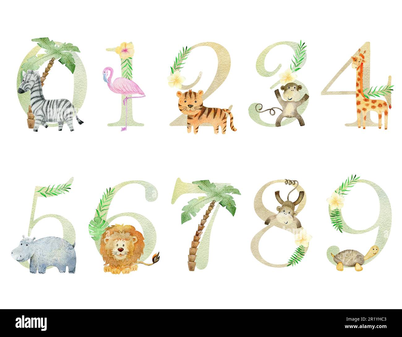 Watercolor animals numbers Stock Photo - Alamy