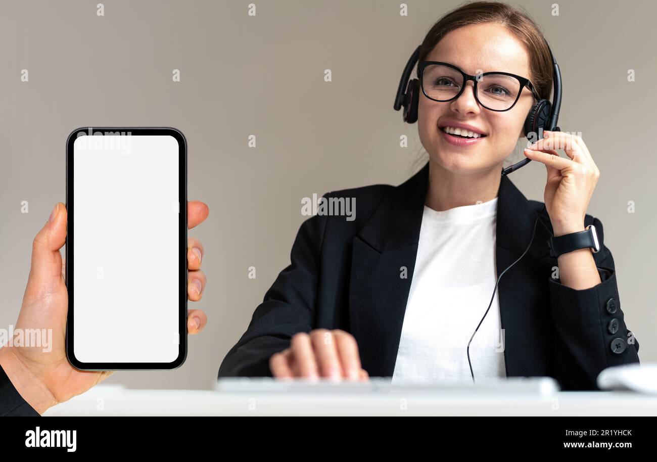 Online support and professional consultation concept, phone with blank ...