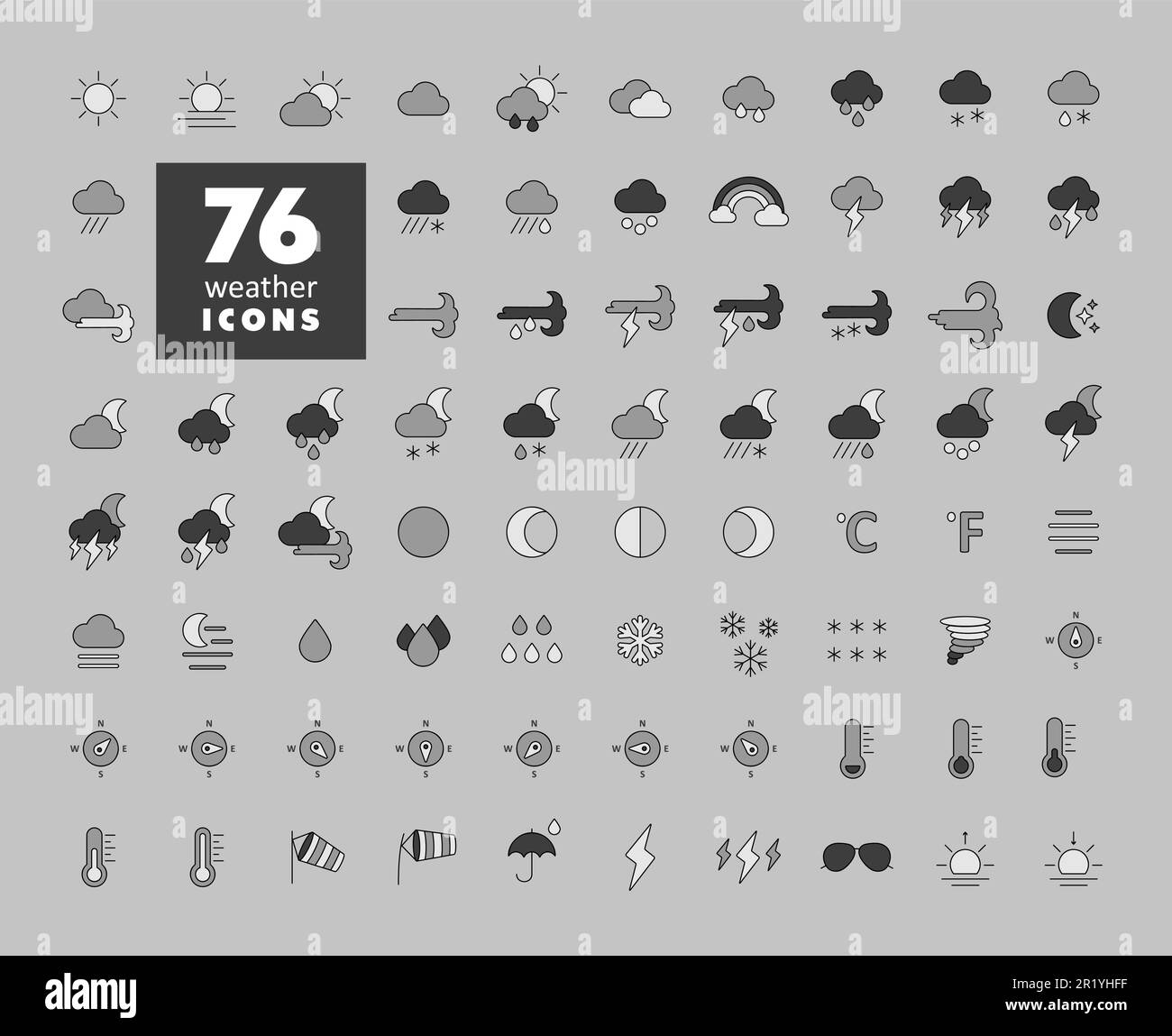 Vector weather forecast grayscale icon set. Meteorology sign. Graph ...