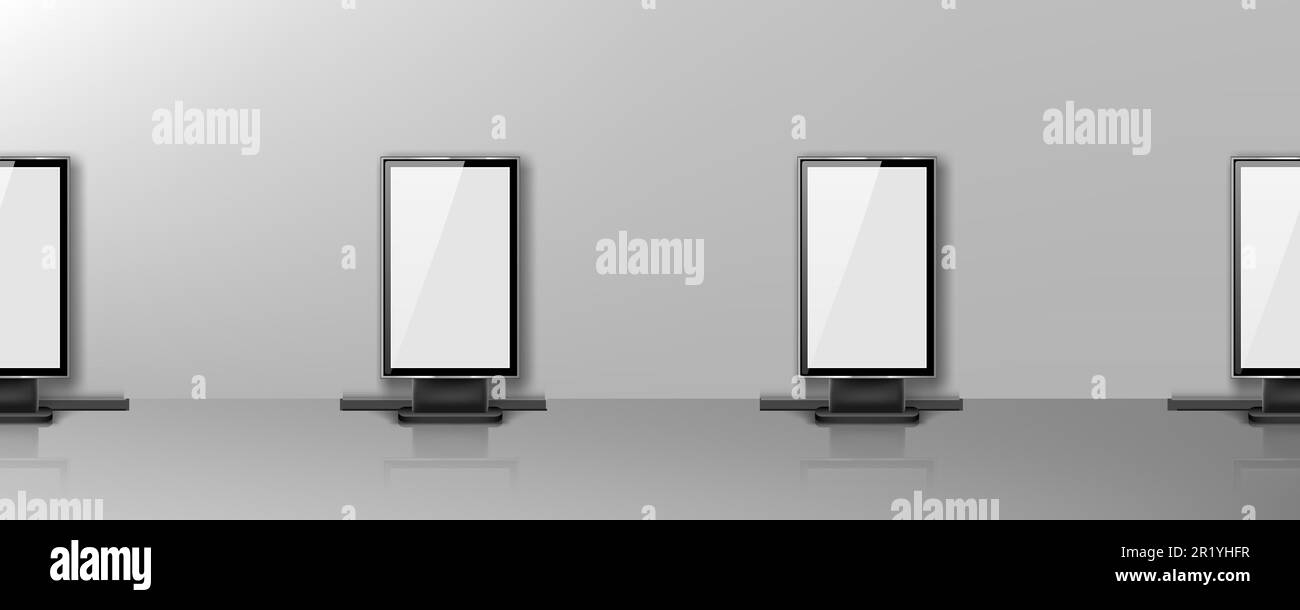Blank billboards displays in row along grey wall in office hallway ...