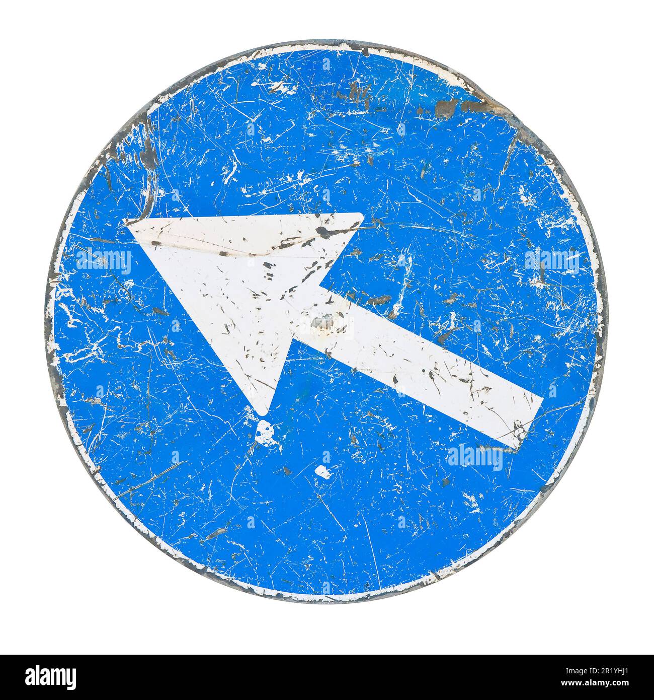 Damaged and scratched road sign with white arrow on blue background ...