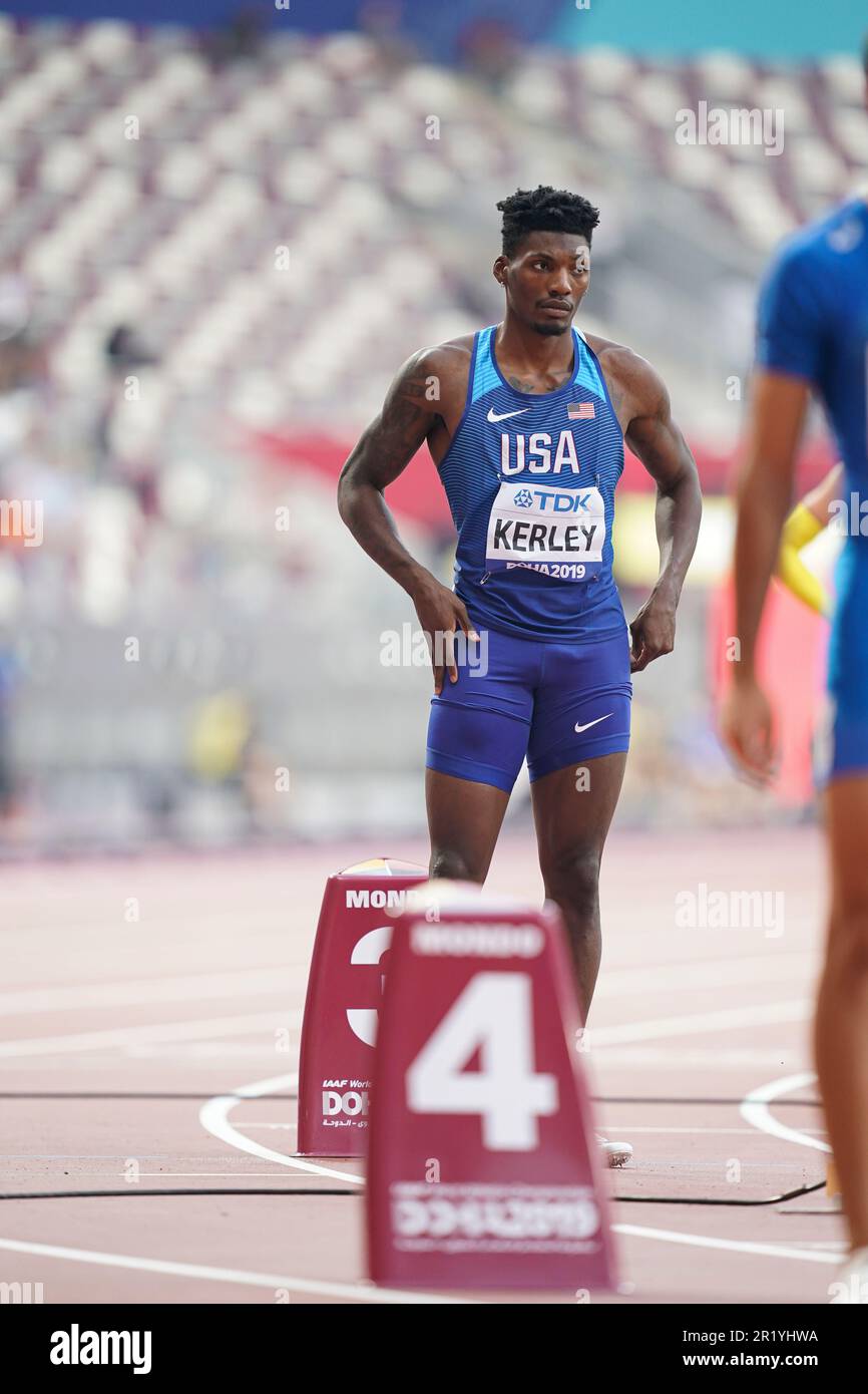 Fred Kerley running the 400m at the 2019 World Athletics Championships ...