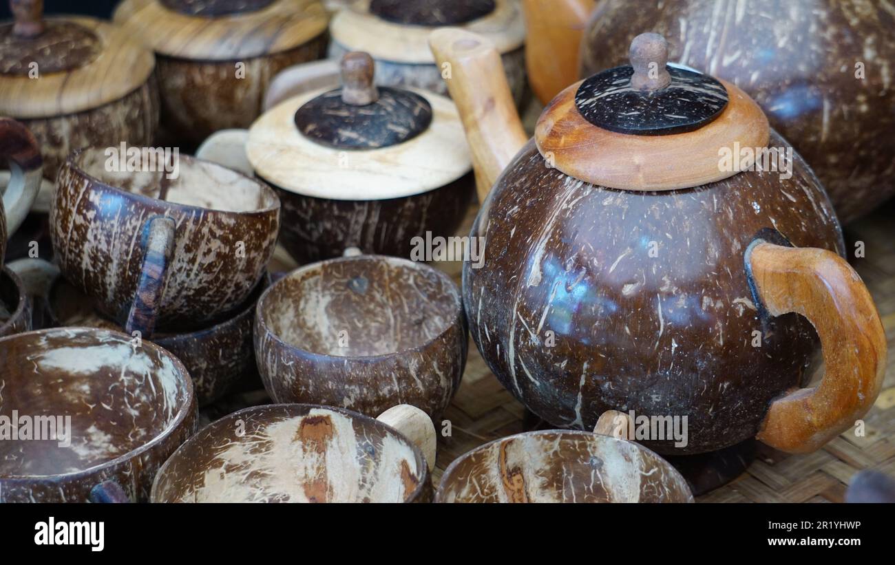 A set of cups and teapots made from coconut shell Stock Photo - Alamy