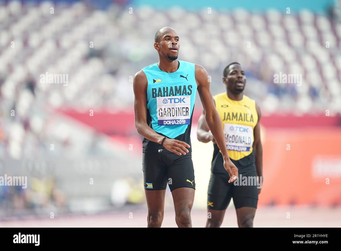 Steven Gardiner running the 400m at the 2019 World Athletics ...