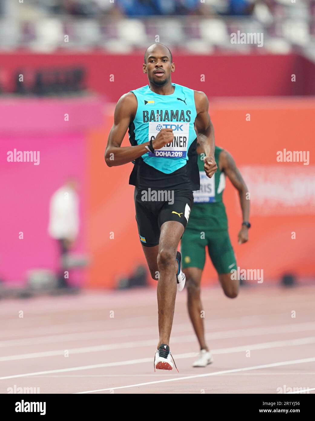 Steven Gardiner running the 400m at the 2019 World Athletics ...