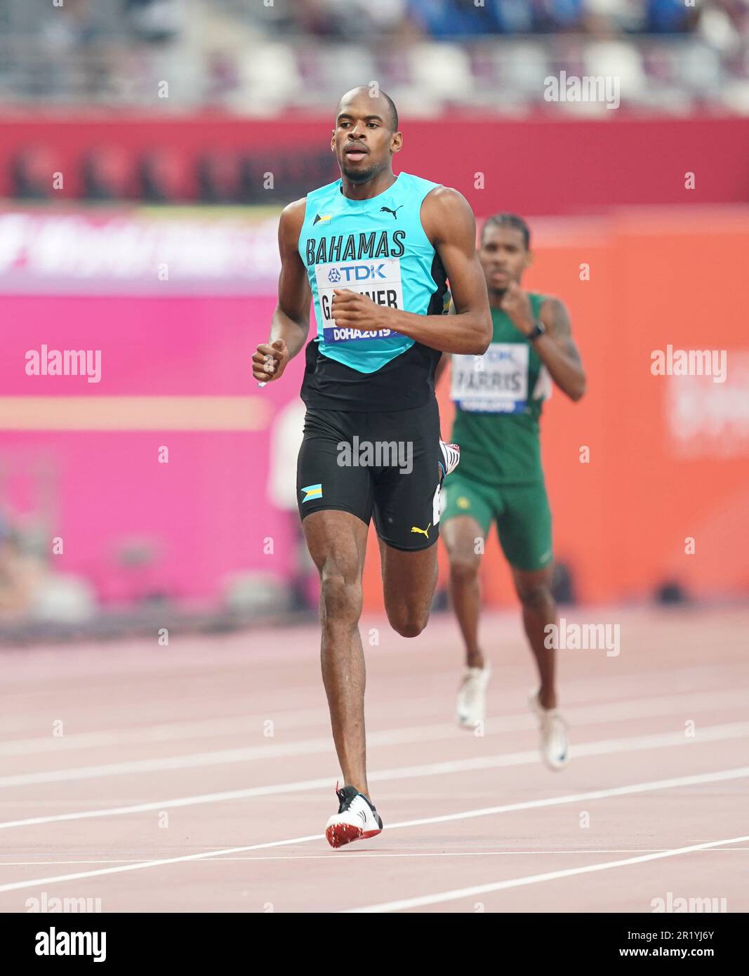 Steven Gardiner running the 400m at the 2019 World Athletics ...