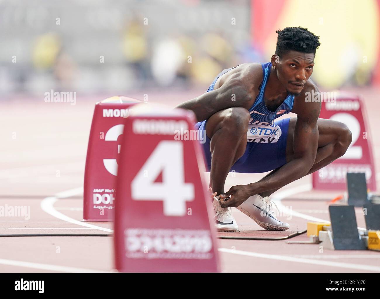 Fred Kerley running the 400m at the 2019 World Athletics Championships ...