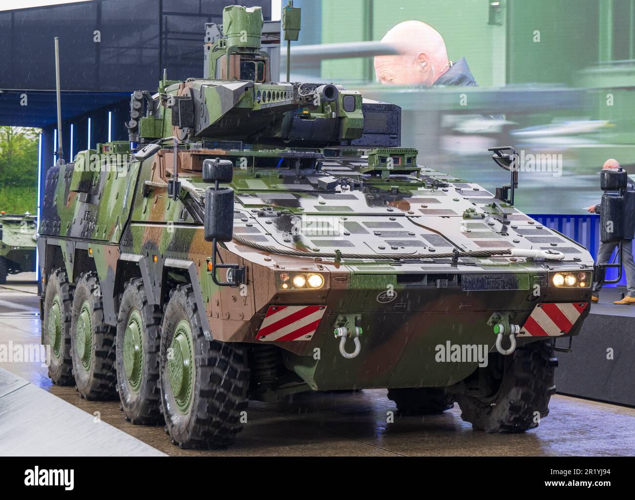 Munich, Germany. 16th May, 2023. A Boxer from defense contractor Krauss-Maffei Wegmann (KMW) is ...