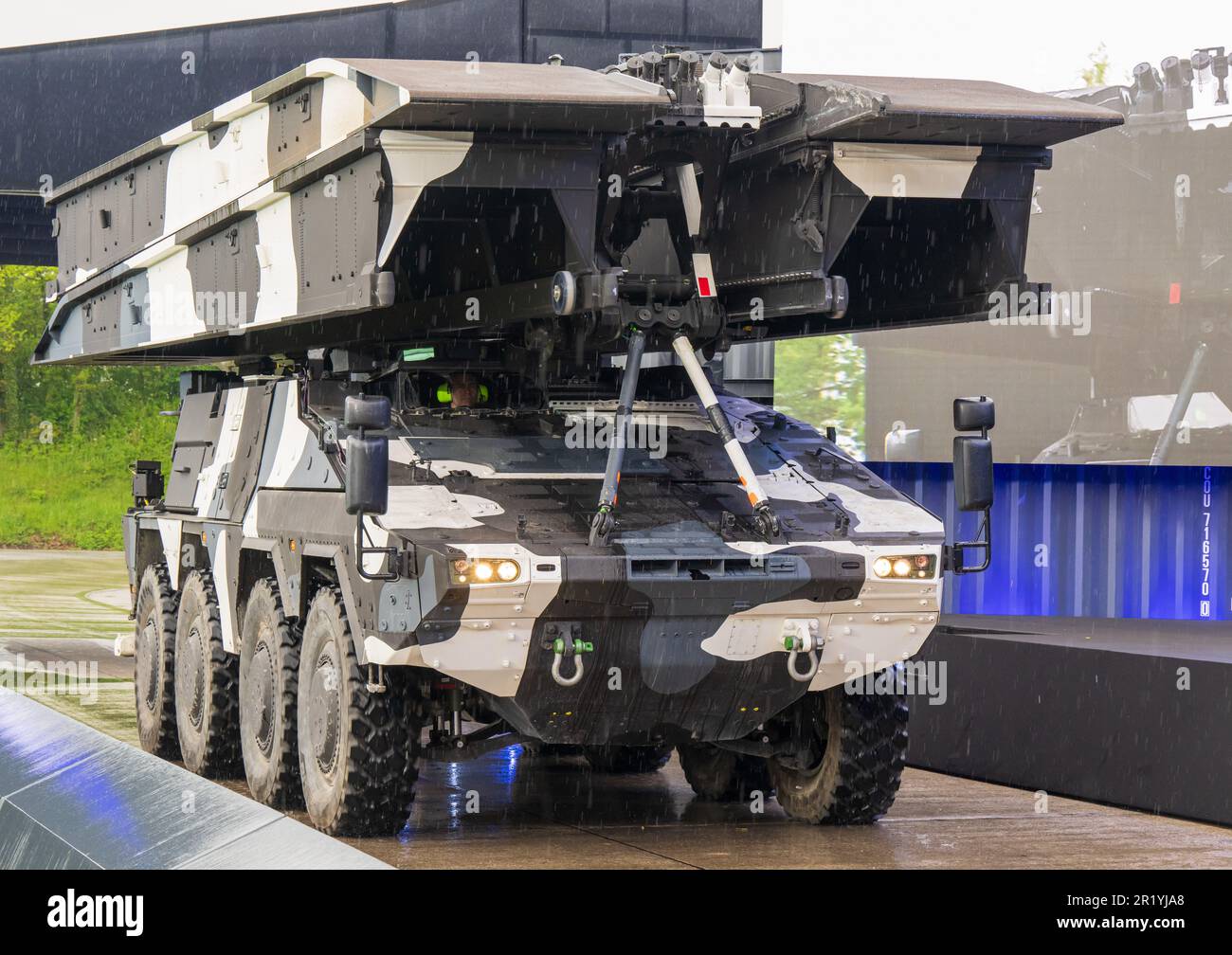 Munich, Germany. 16th May, 2023. A Boxer with a 22-meter bridge from defense contractor Krauss ...