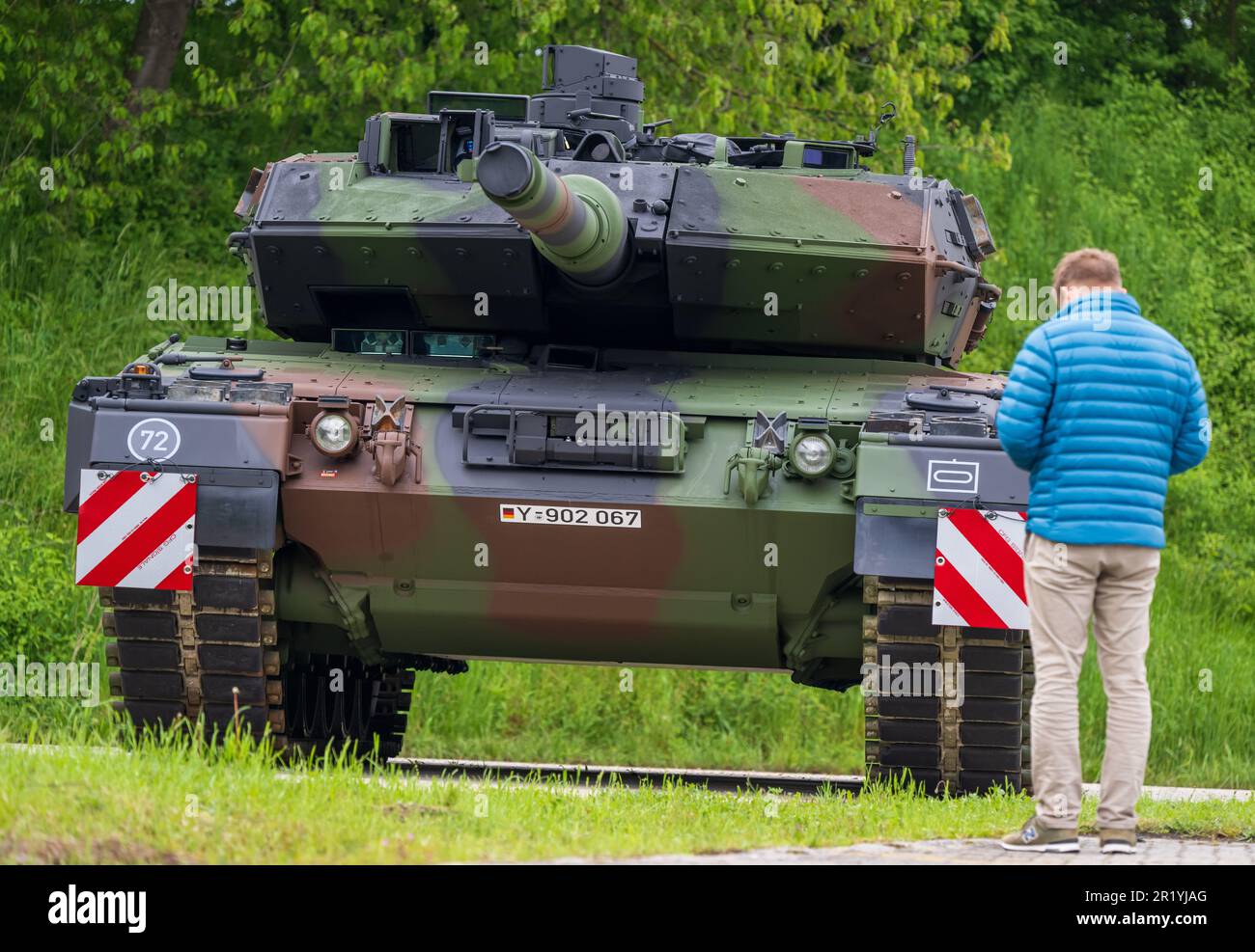 Munich, Germany. 16th May, 2023. A Leopard 2 tracked tank from defense contractor KMW stands on ...
