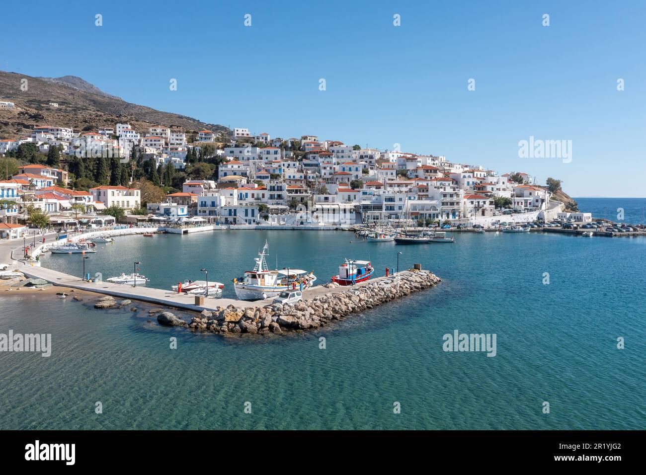 Andros island, Batsi village, Cyclades destination Greece. View of ...