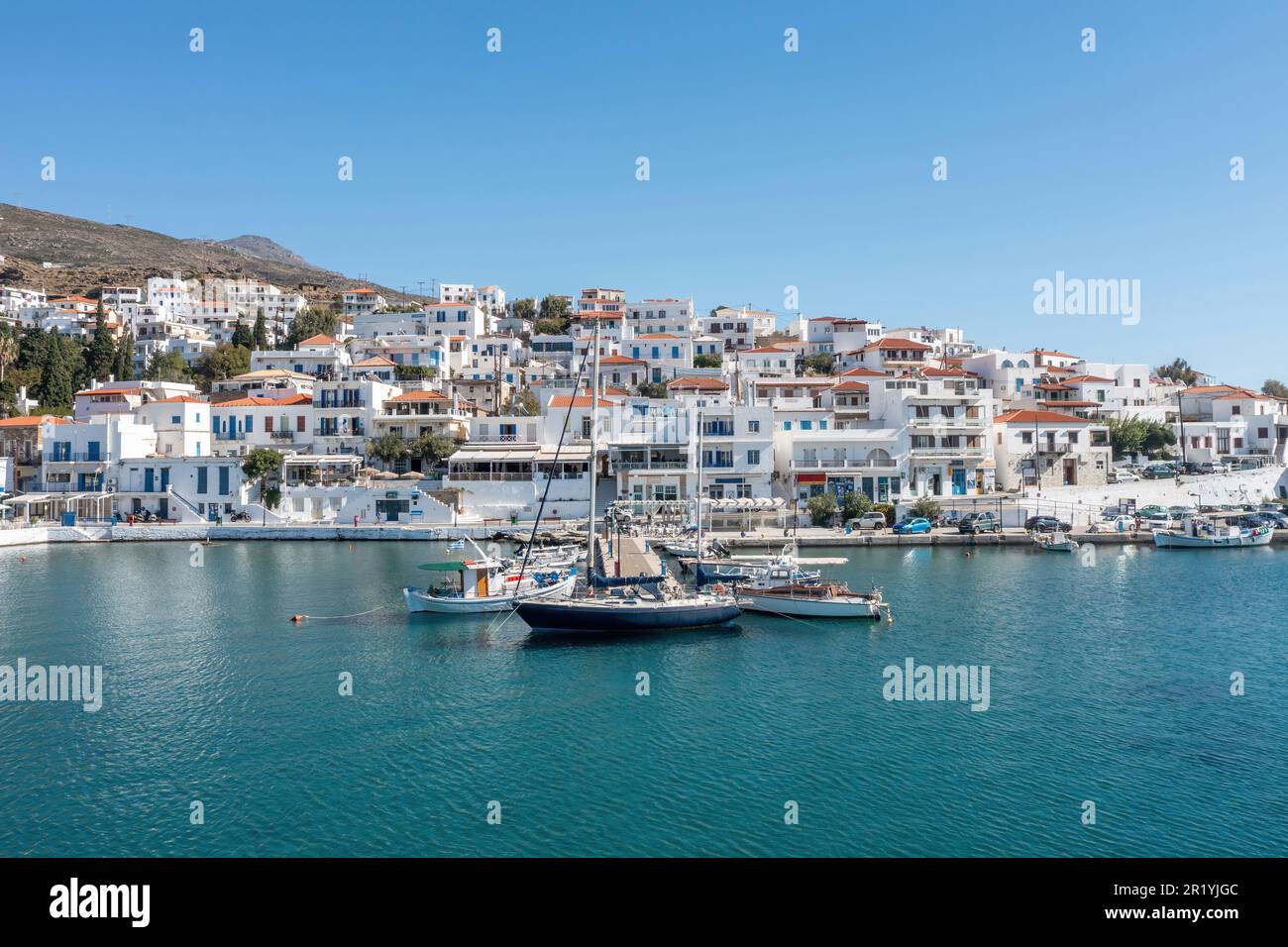 Andros island, Batsi village, Cyclades Greece. View of seafront ...