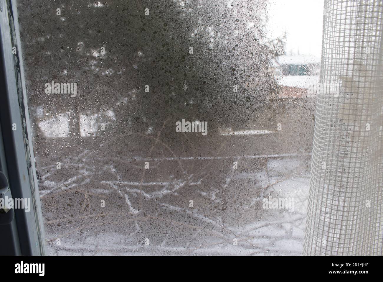 A wooded garden covered with snow located behind a misty window Stock ...
