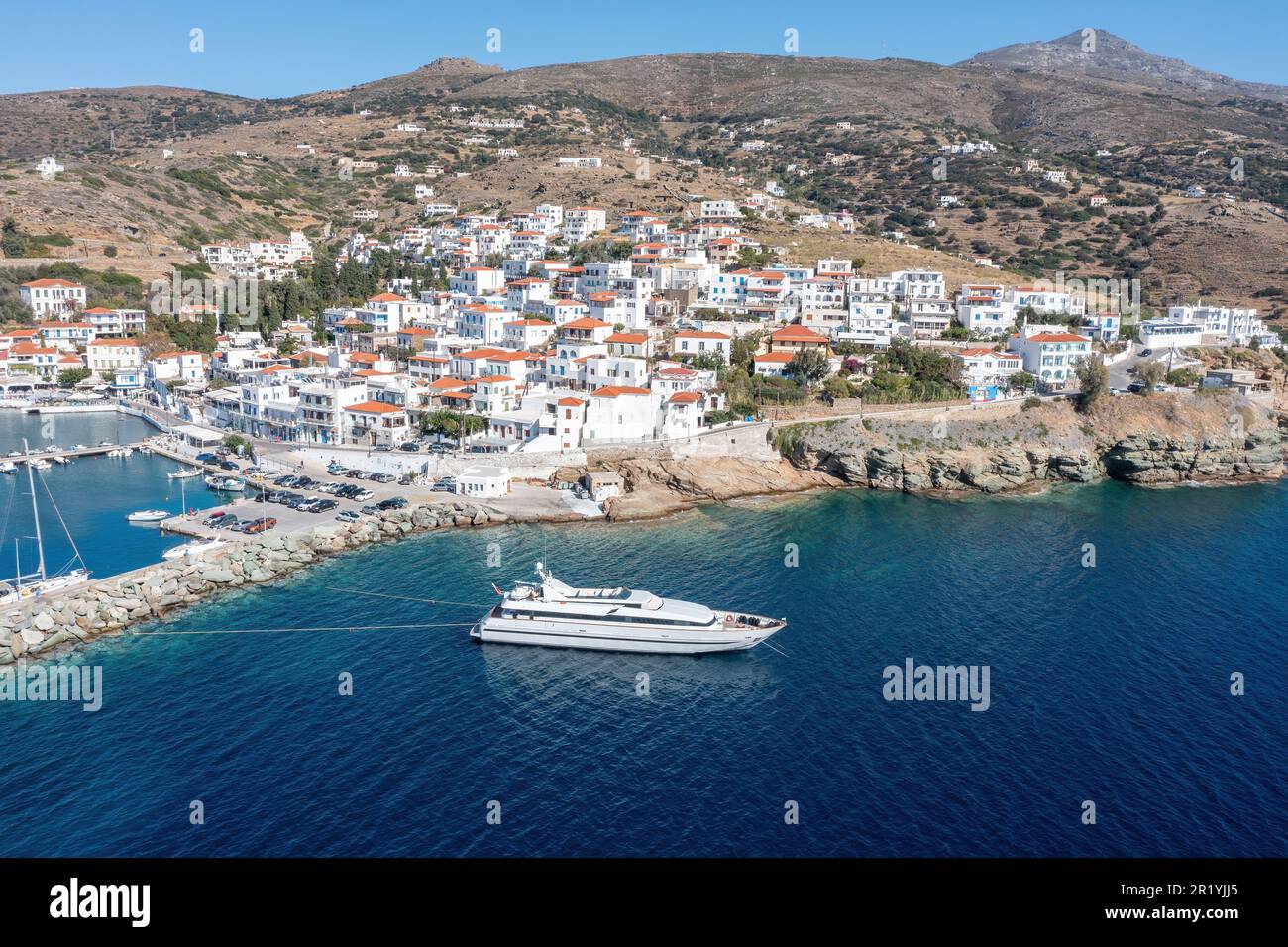 Andros island, Batsi village, Cyclades destination Greece. Aerial drone ...