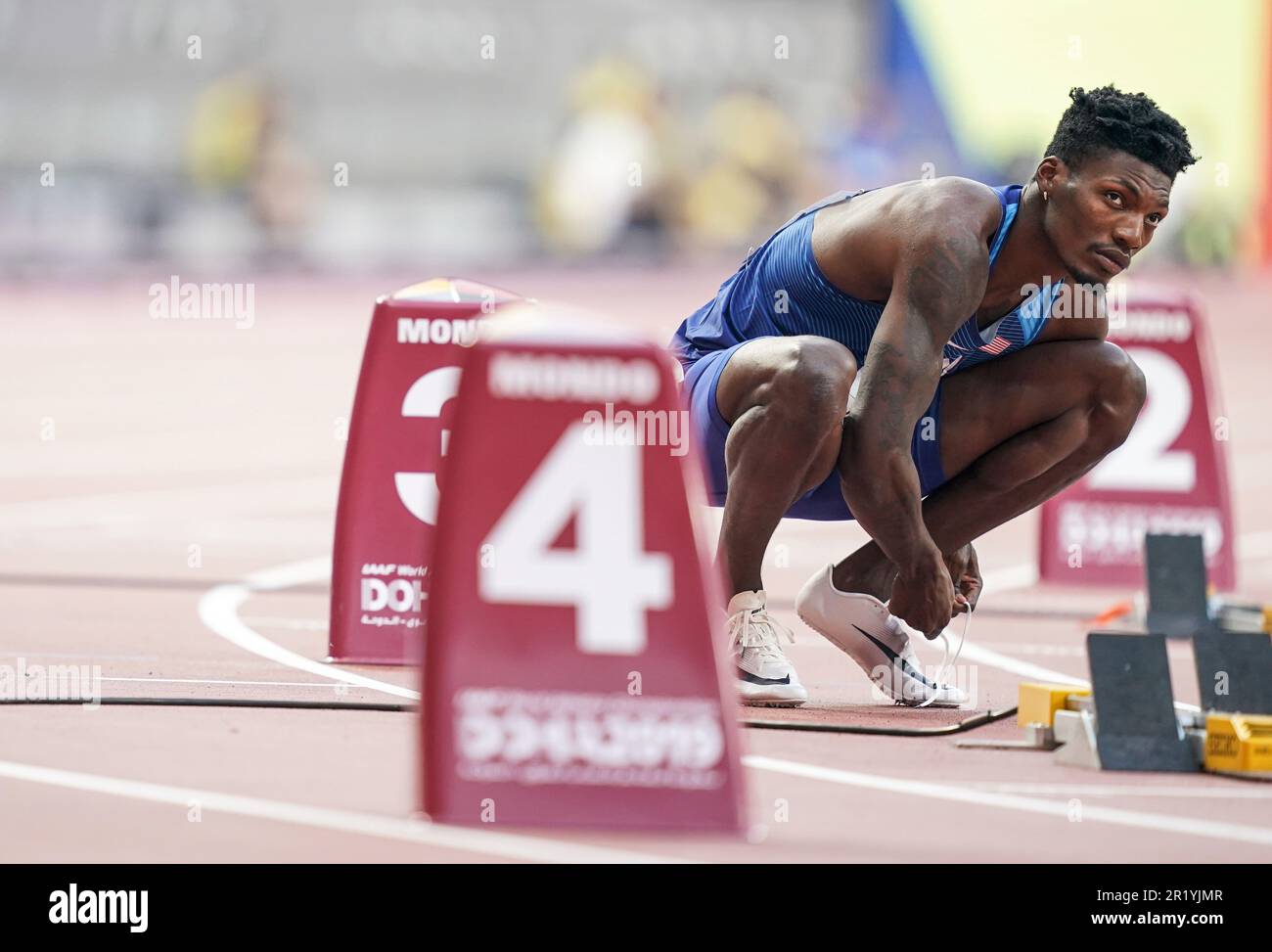 Fred Kerley running the 400m at the 2019 World Athletics Championships ...