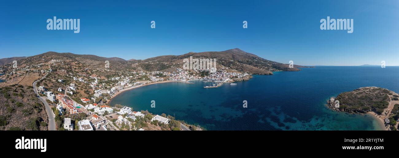 Andros island, of Batsi village, Cyclades destination Greece. Aerial ...