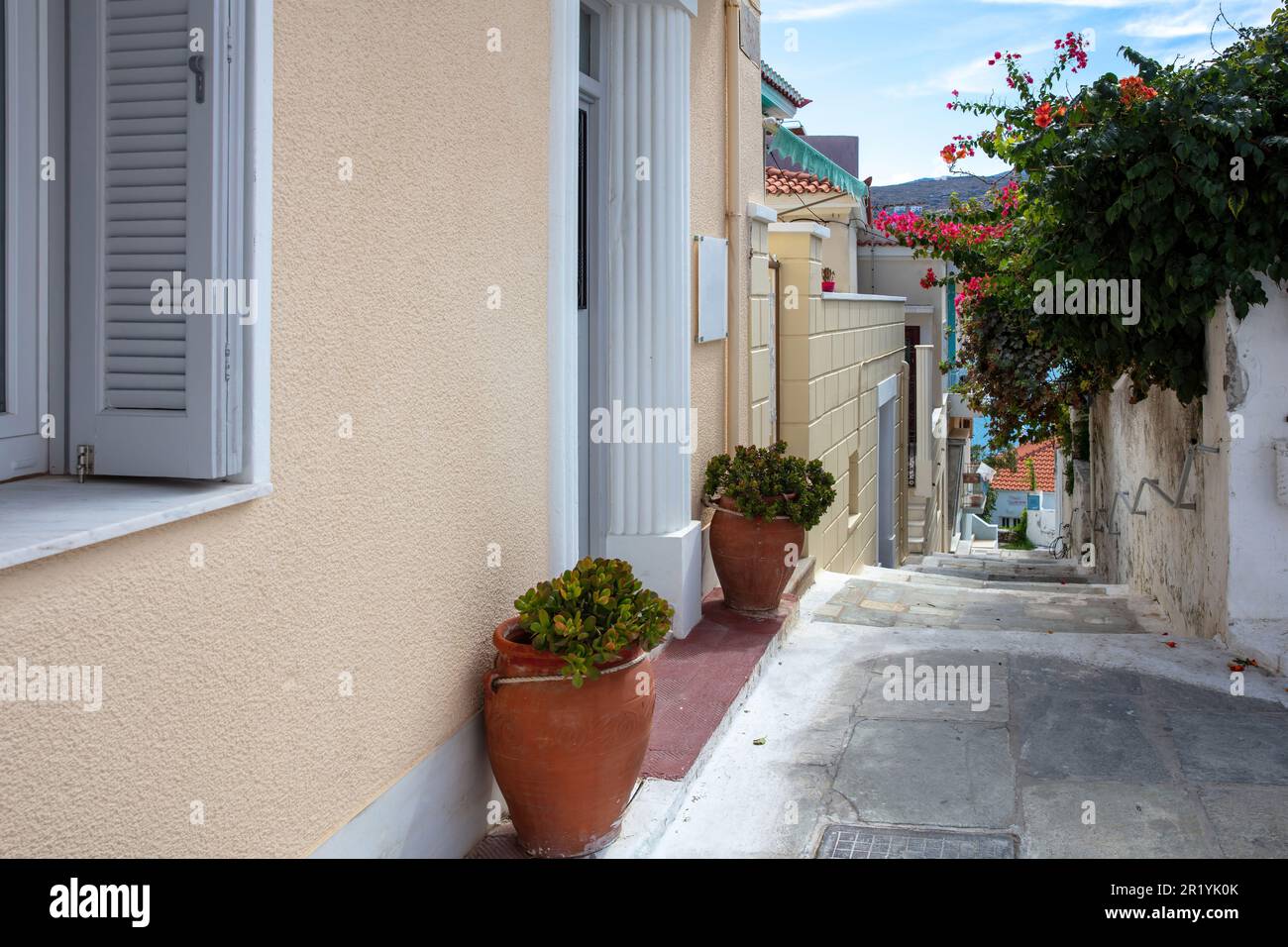 Greece Cyclades. Andros island Chora town. Paved empty narrow stair ...