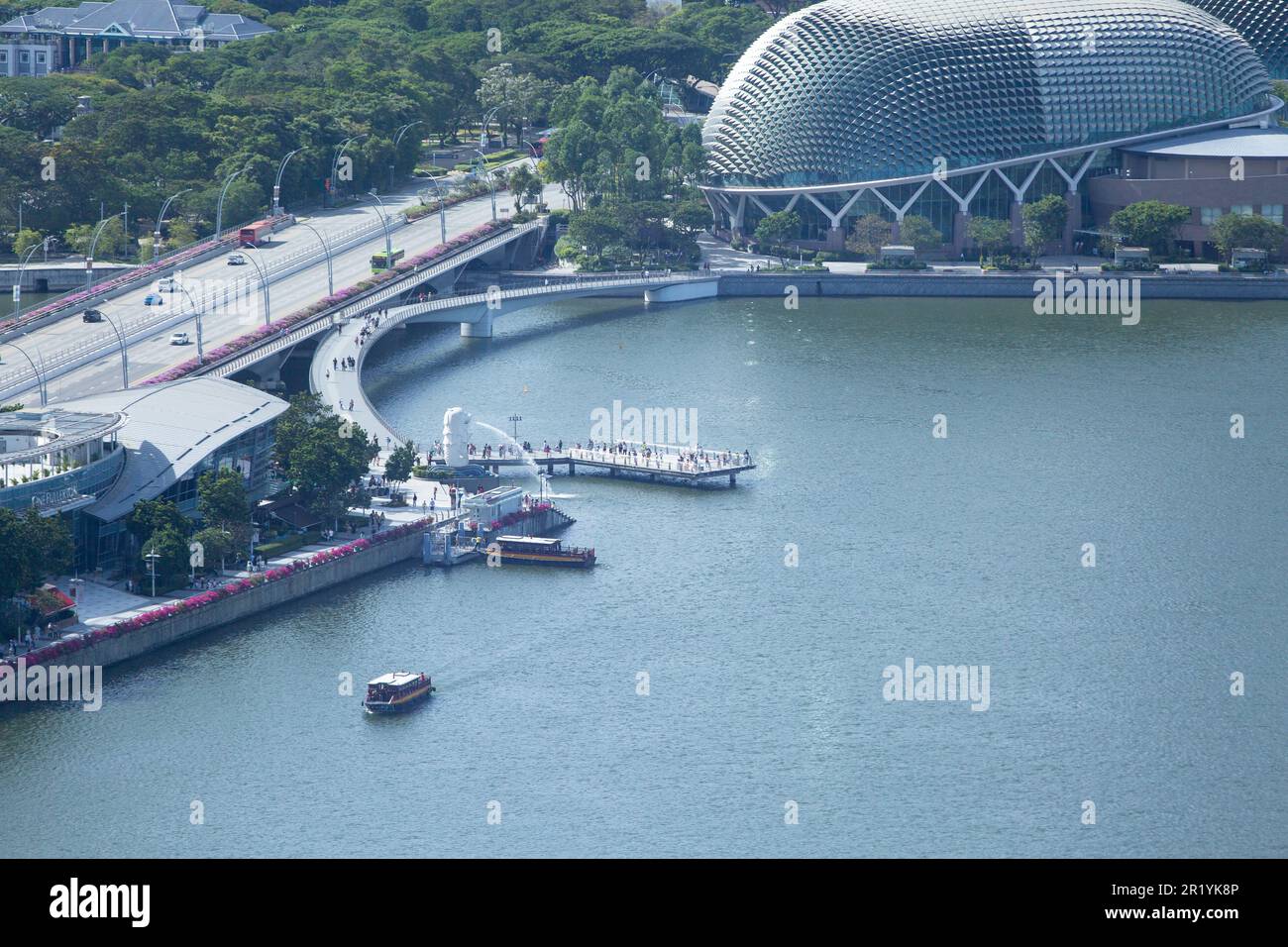 Aerial view of famous Merlion Park, Esplanade and the clean Singapore ...