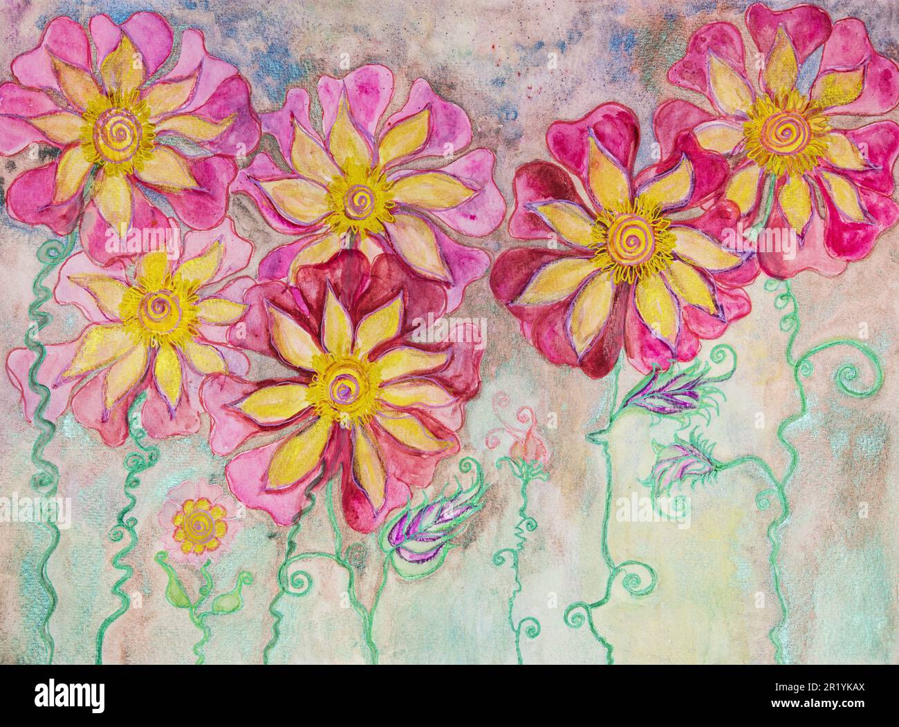 Field of decorative whimsical flowers. The dabbing technique near the ...