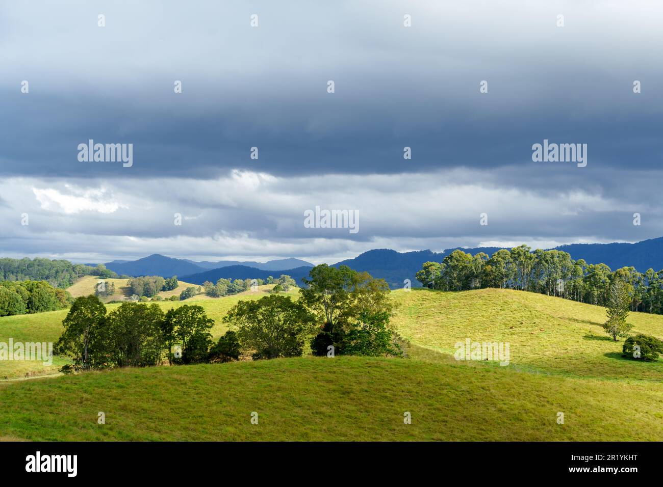 Rural landscape with mountains and grassy hills. Viewed from Tweed ...