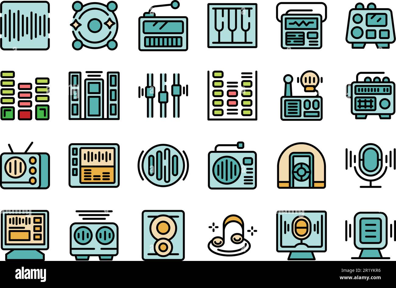 Radio room icons set outline vector. Studio record. Audio music thin ...