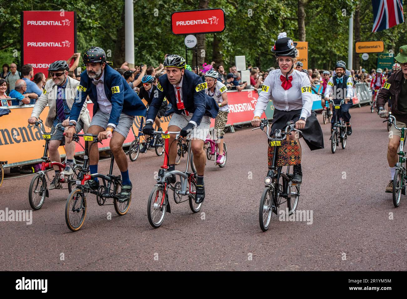 Brompton riders cycling down The Mall, Prudential RideLondon 2019 ...