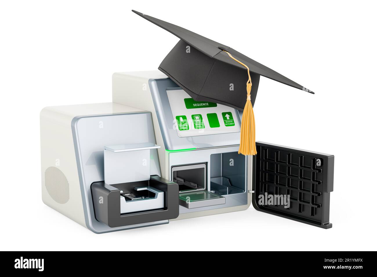 DNA sequencer with graduation hat. 3D rendering isolated on white ...