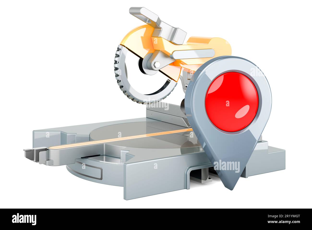 Table circular saw with map pointer, 3D rendering isolated on white ...