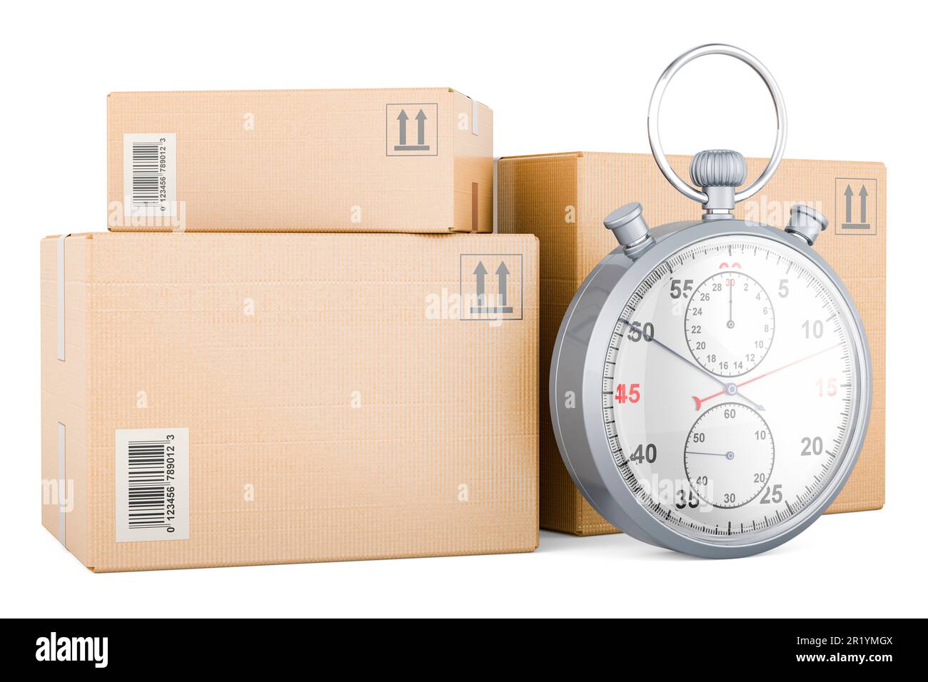 Shipping and logistics concept. Three parcels with stopwatch, 3D rendering isolated on white ...