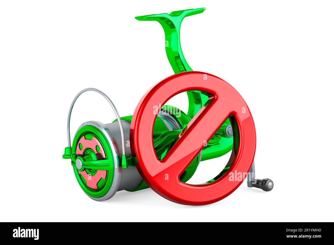 Spinning reel with forbidden symbol. 3D rendering isolated on white ...