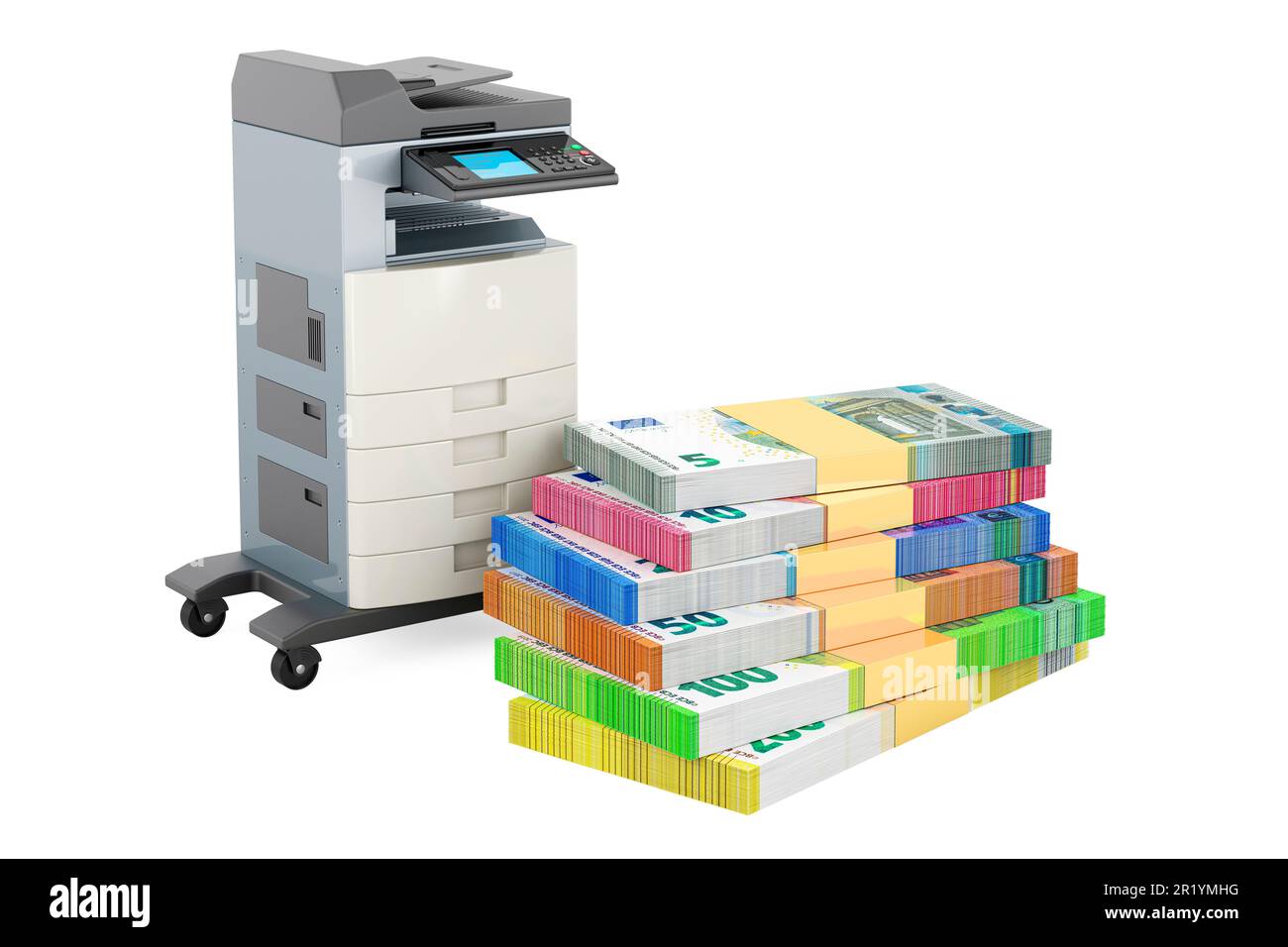 Office multifunction printer MFP with money, euro packs. 3D rendering ...