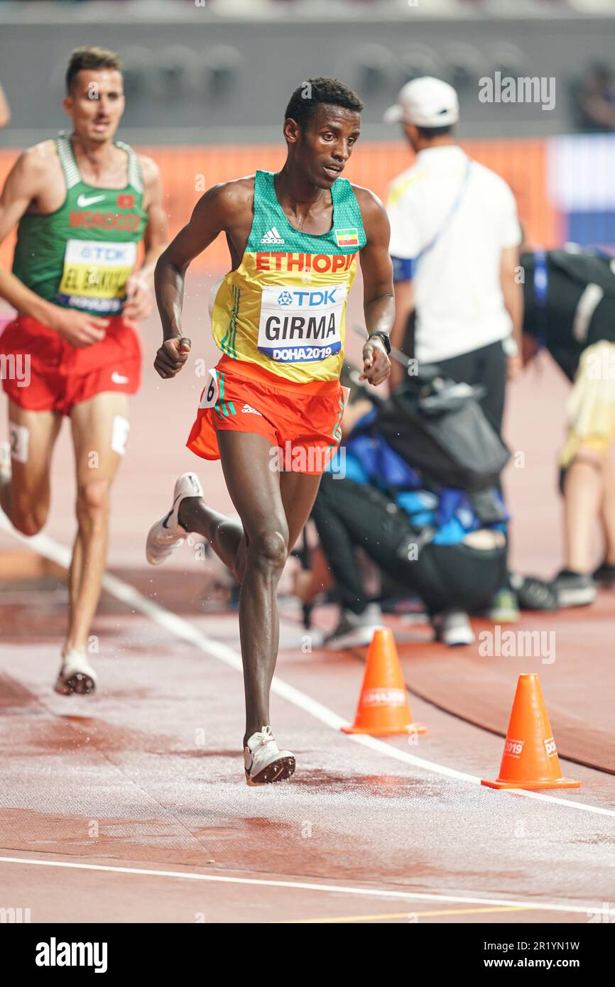 Lamecha Girma participating in the 3000 meter steeplechase at the Doha ...