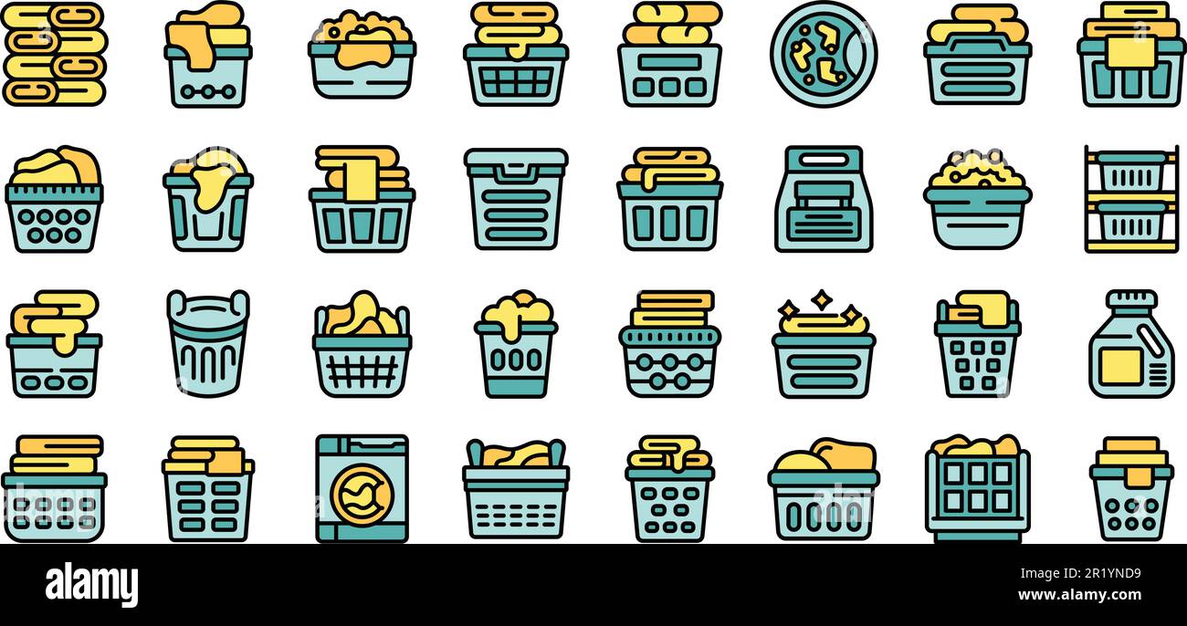 Laundry basket icons set outline vector. Clothes dirty. Wash fold thin ...