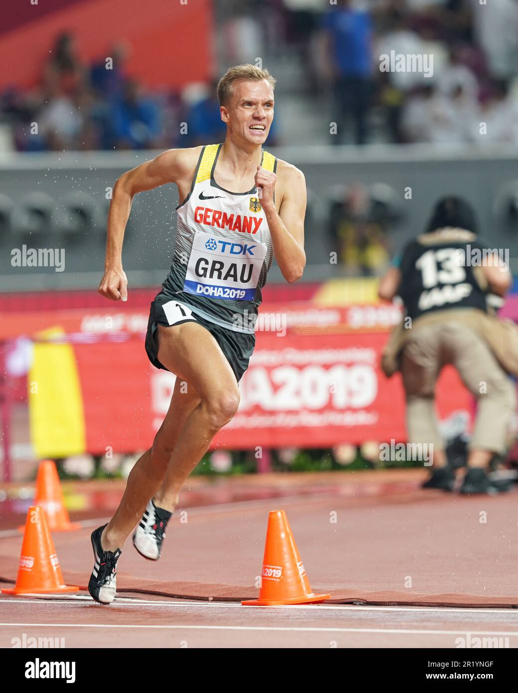 Martin Grau participating in the 3000 meter steeplechase at the Doha ...