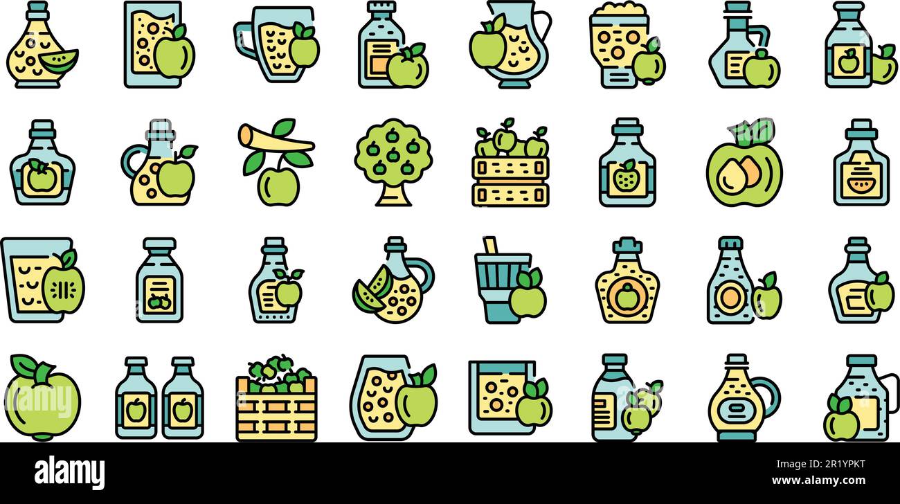 Apple cider icons set outline vector. Beer splash. Fruit drink thin ...