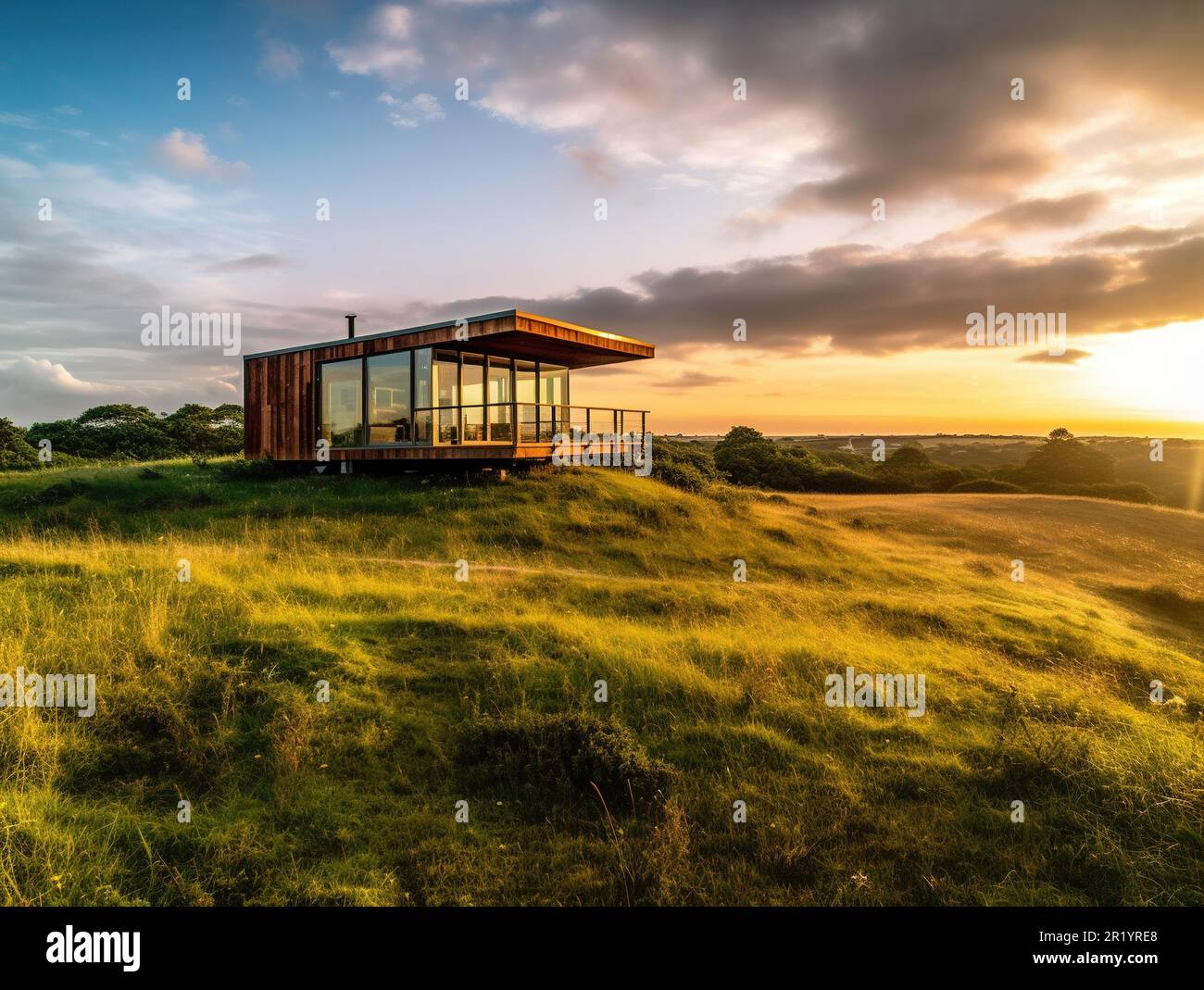 Contemporary House in the Field Landscape Art Stock Photo - Alamy